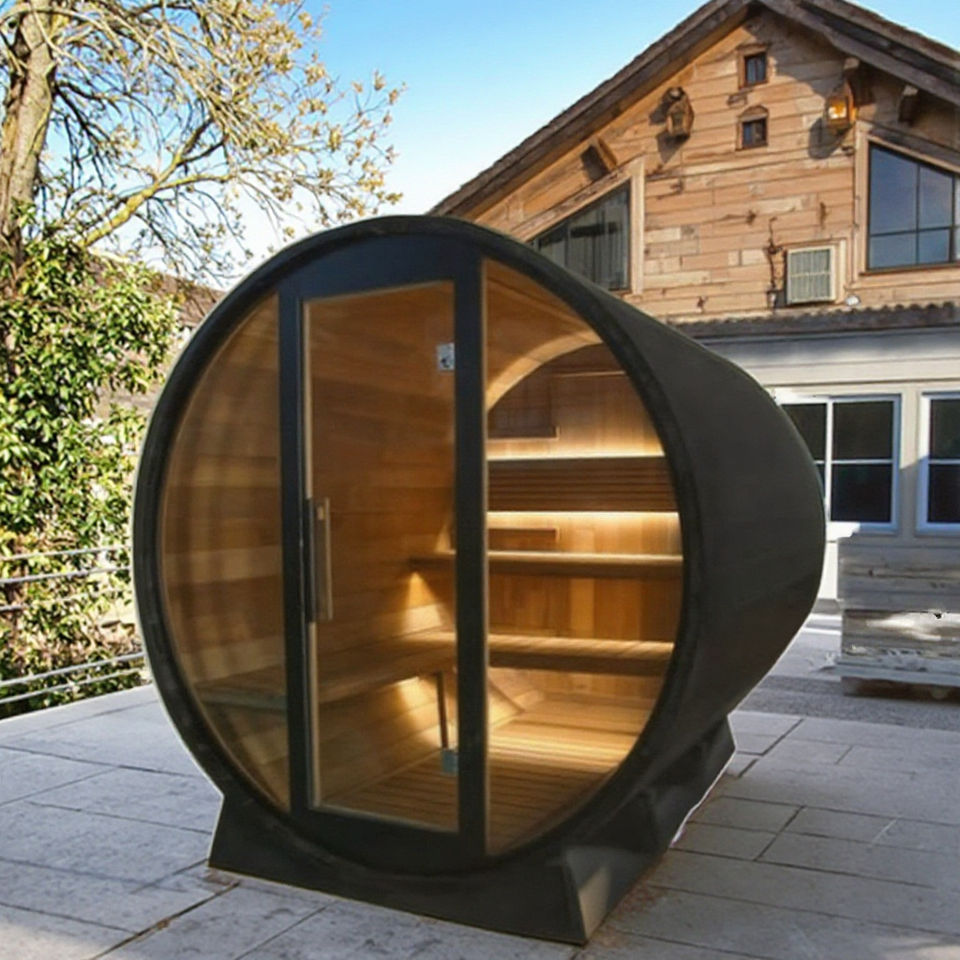 Elegant Matte Black Barrel Sauna with Premium Stainless Steel Stove ...