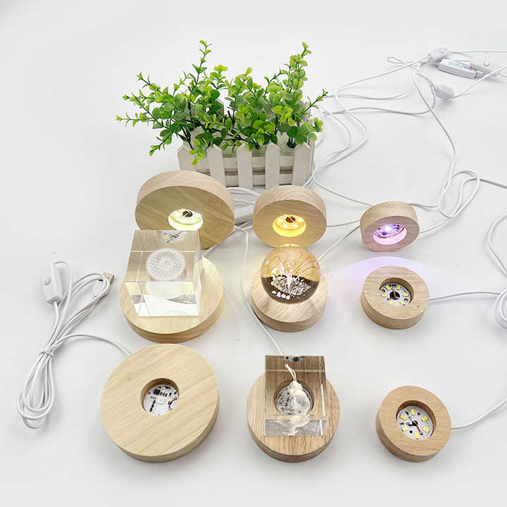 80mm Round White Light Wooden 3D Night Light Base