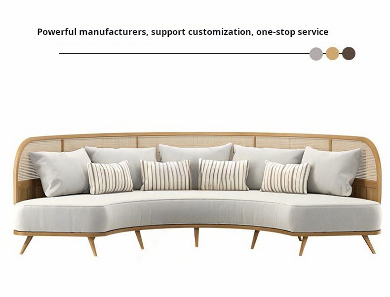 Wabi-sabi Style Rattan High Back High Resilience Solid Wood Curved Sofa ...