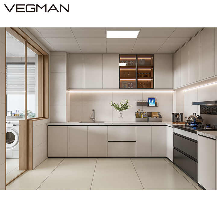 Modern L-Shaped Kitchen Cabinets Set with Wall Mounted Storage and Soft ...