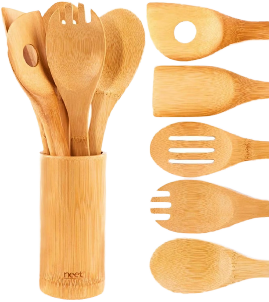 Wooden Kitchen Utensil Set Teak Brown Cooking Tools with Holder Non ...