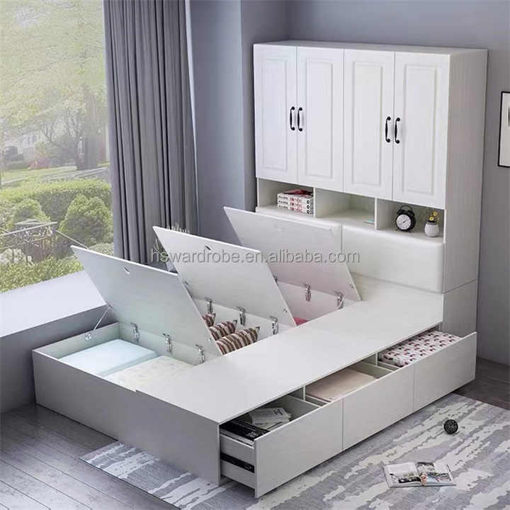Customizable Wooden Single Bed with Wardrobe Cabinet - Modern Design ...