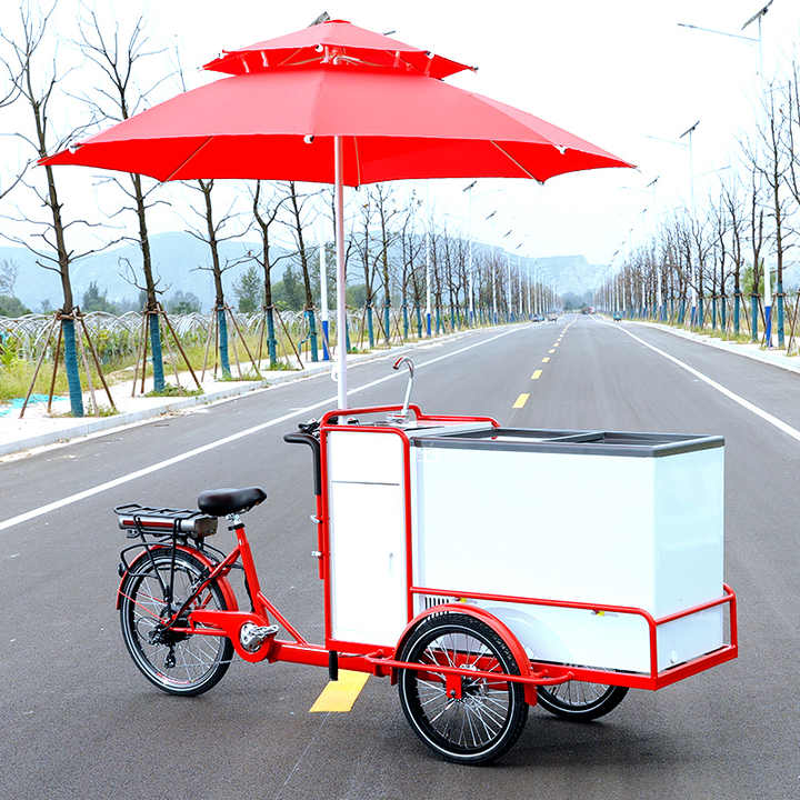 Selling Cold Drinks with Tricycle Popsicle Bike Cargo Freezer