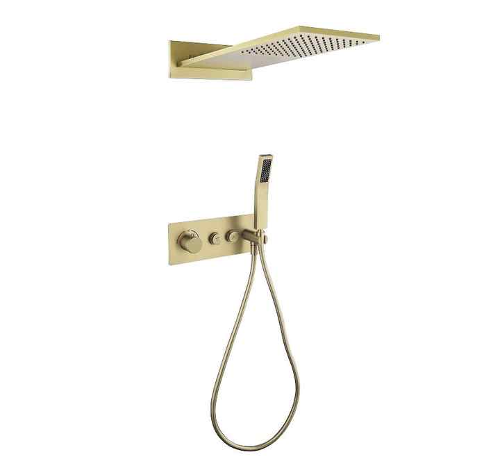 Wall Mounted Push Button Concealed Rainfall Brushed Gold Thermostatic Shower System Set for ...