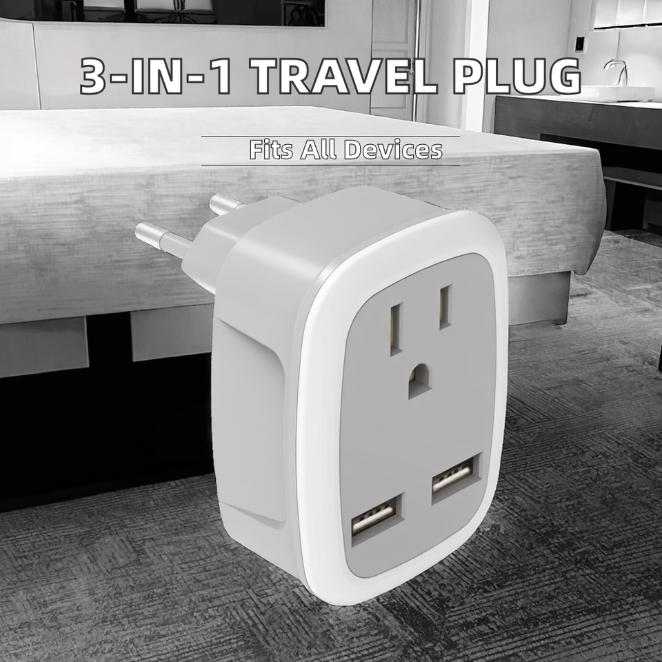 OEM & ODM 3-in-1 European Plug Travel Power Adapter with 2 USB Ports ...