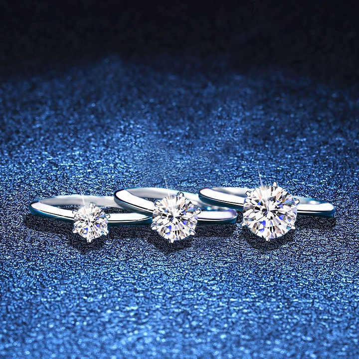 S925 Sterling Silver Classic Six Claw Round Cut Moissanite Ring 1ct 2ct 3ct VVS1 DEF Moissanite ...