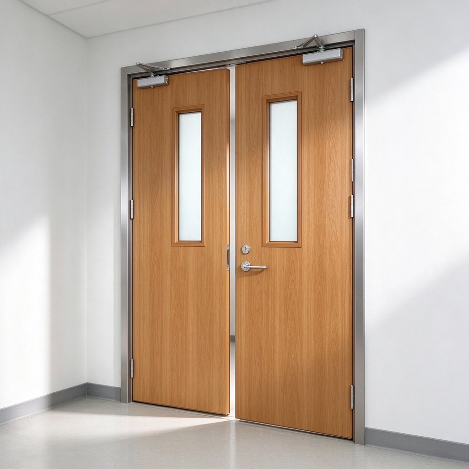 Wood Grain Transfer Steel Fire Door, Double Leaf With Vision Panel ...