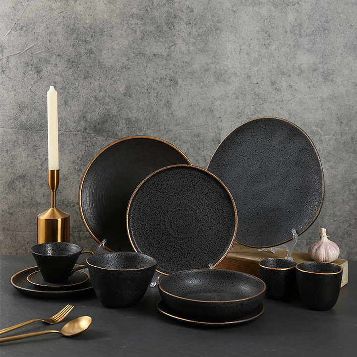 Wholesale Modern Unique Texture Stoneware Black Gold Rim Ceramic Plates ...