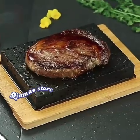 Lava Stone Steak Plate with Bamboo Tray - Indoor Grill Cooking Rock Set ...