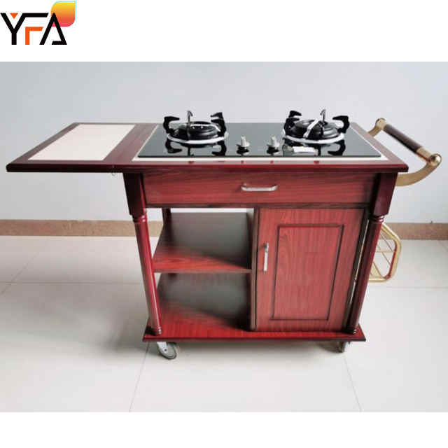 Luxury Red Double Gas Stove Flambe Trolley Cart Movable Wooden ...