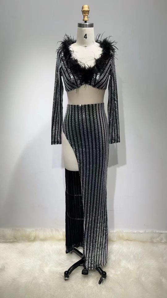 Black Dress 2026 Glam Stage Performance Dress Feather Sequins for Club ...