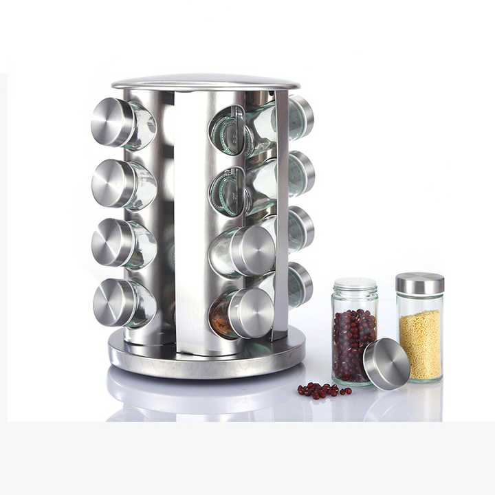 Revolving Countertop Spice Jars Rack Set Glass Stainless Steel Seasoning Storage Organization Spice Carousel Tower for