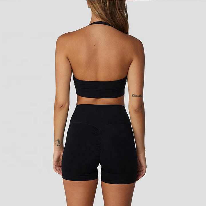 Custom Fitness Soft 2 Piece Gym Backless Halter Yoga Shorts Set for ...