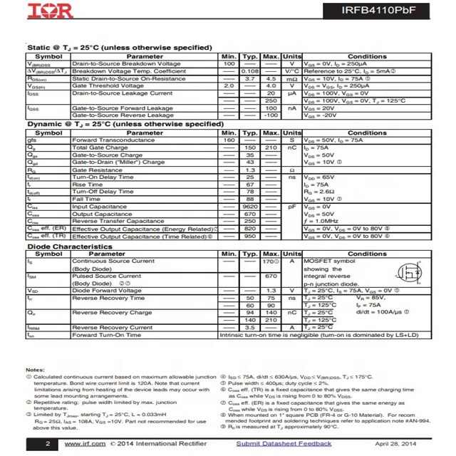 IRFB4110PBF MOSFET 180A 100V TO-220 Package - Power Transistor