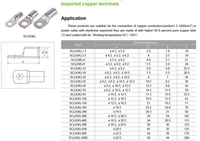 SC Series Copper Tinned Cable Lugs Electrical Terminal Connectors Ring ...
