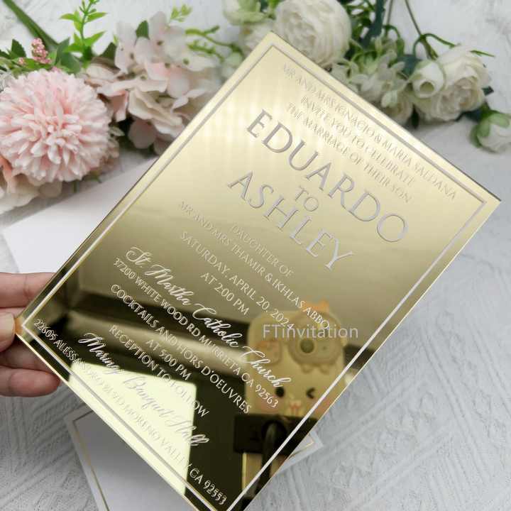 Custom Printing Gold Mirror Acrylic Invitations for Weddings