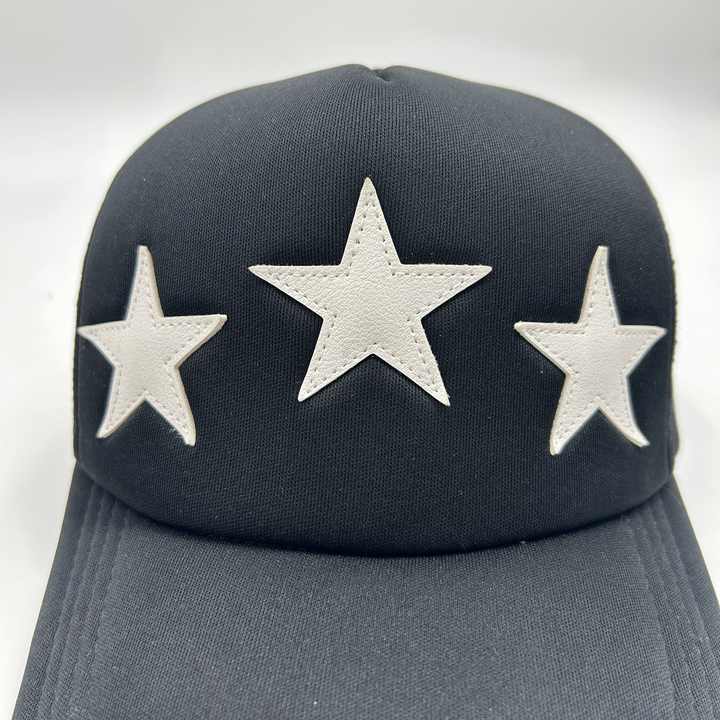 PU Leather Stars Patches Embroidered Logos High Crown Caps