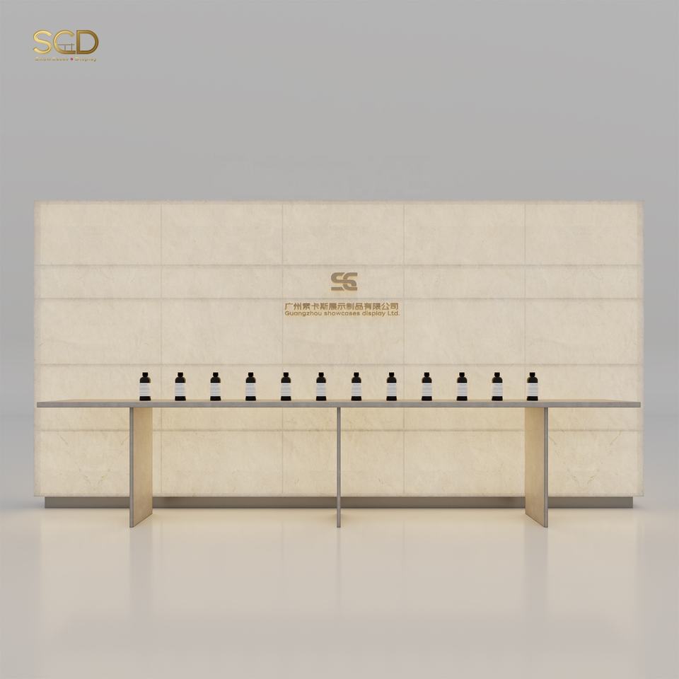Cream Marble Grid Background Wall Perfume Display Counter Gold Metal ...