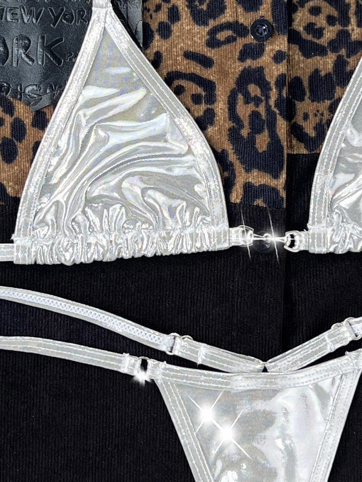 STOCK NO PAD Triangle Top Metallic Swimwear Thong Bikini Micro Silver ...