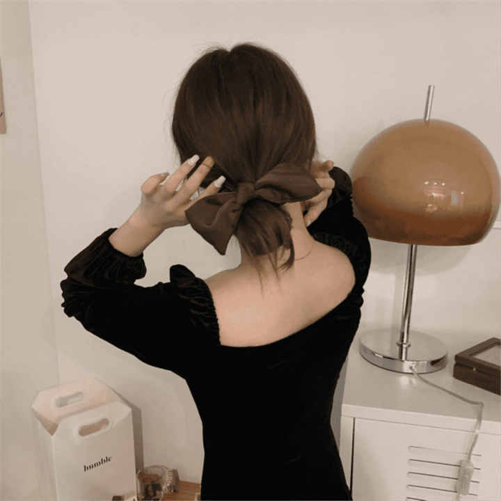 Simple satin bow streamer large bowel scrunchie solid color fat bowel ...