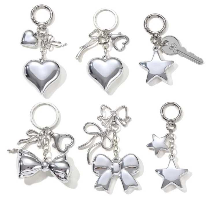 Y2K Big Heart Bow Key Acrylic Keychain Silver Color Star Keyring for ...