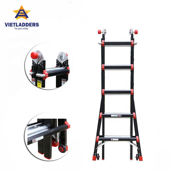 EN131 Multipurpose Aluminum Folding Ladder Extension With Working Platform NVLB 45 Step Folding Ladders Including Wheels