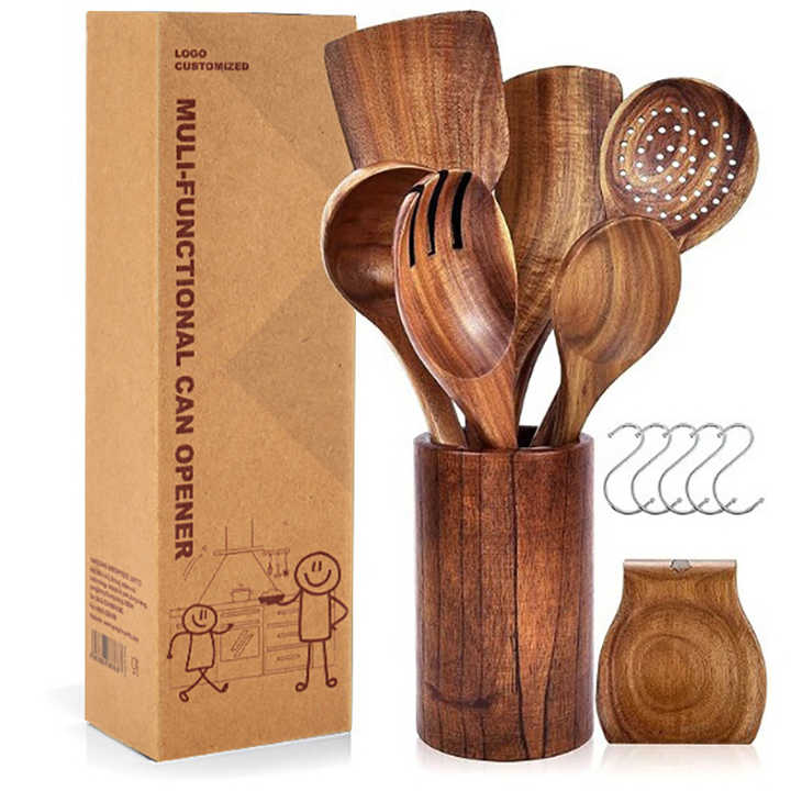 Kitchen Gadget - Durable Teak Wood Utensil Set with Holder