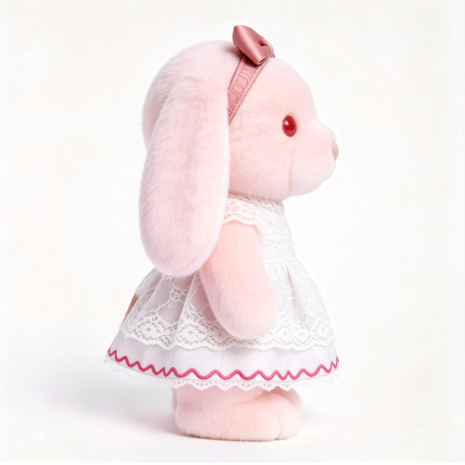 Peach Pink Floppy Ear Bunny Plush Doll With Satin Bow White Dress and ...