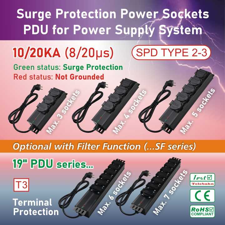 Telebahn PDU Surge Protector EU 16A 250V 7 Outlets Power Strip Surge ...