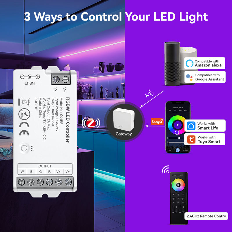 DC5-24V RGBW LED Controller 2.4G RF Remote Control with 30M Range and 3 ...