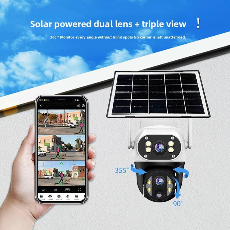 V380 Dual-Lens Three-Screen Monitor 30MP 1080P Solar-Powered Camera ...