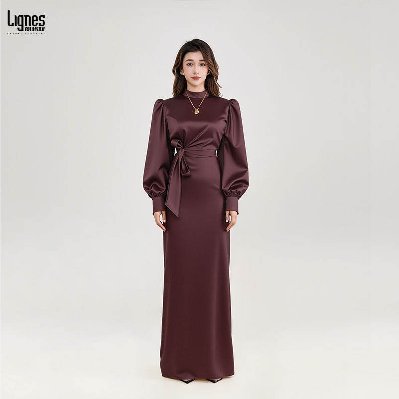 Satin Muslim Abaya Dress High Neck Puff Sleeve Waist Tie Modest Islamic ...