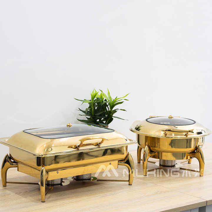 Elegant Hydraulic Gold Chafing Dish Buffet Set Stainless Steel Round Rectangle Food Warmer for ...