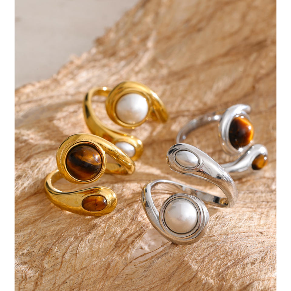 JINYOU 511 Gold Plated Stainless Steel Tiger Stone Wrap Ring Retro Dual ...