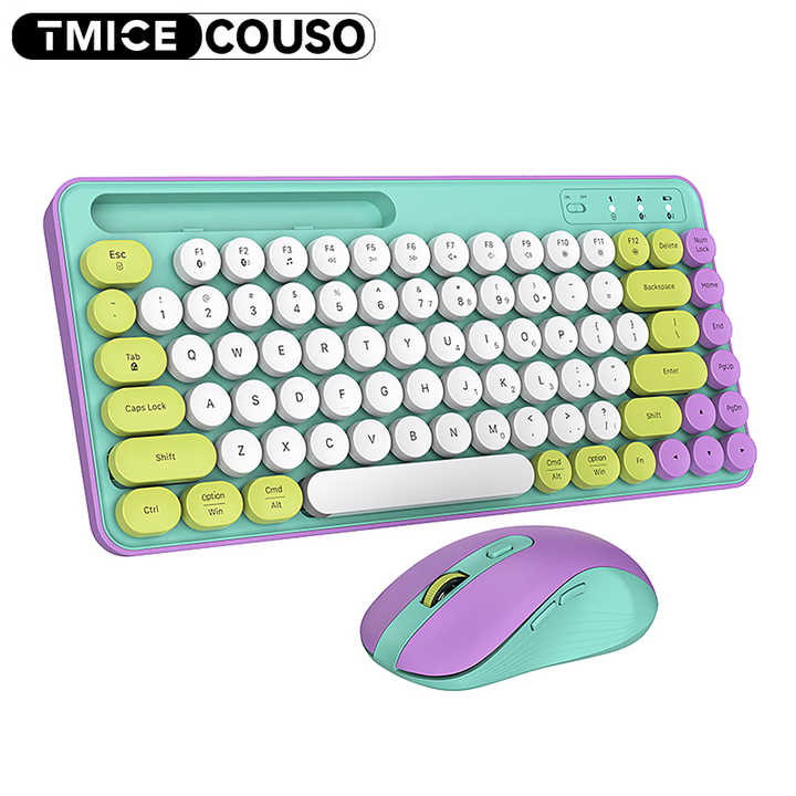 Mini Cute Wireless Keyboard And Mouse Combo Retro Round Keycap Typewriter Colorful Keyboard With