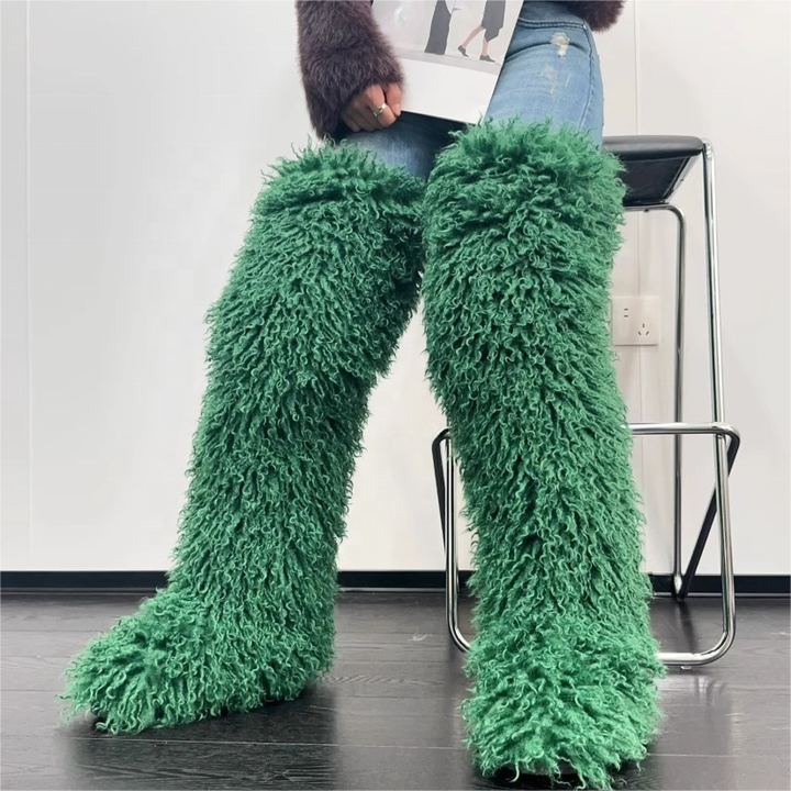 SHIKOL Mongolian Fur Boots Women High Quality Black Brown Plush Furry ...