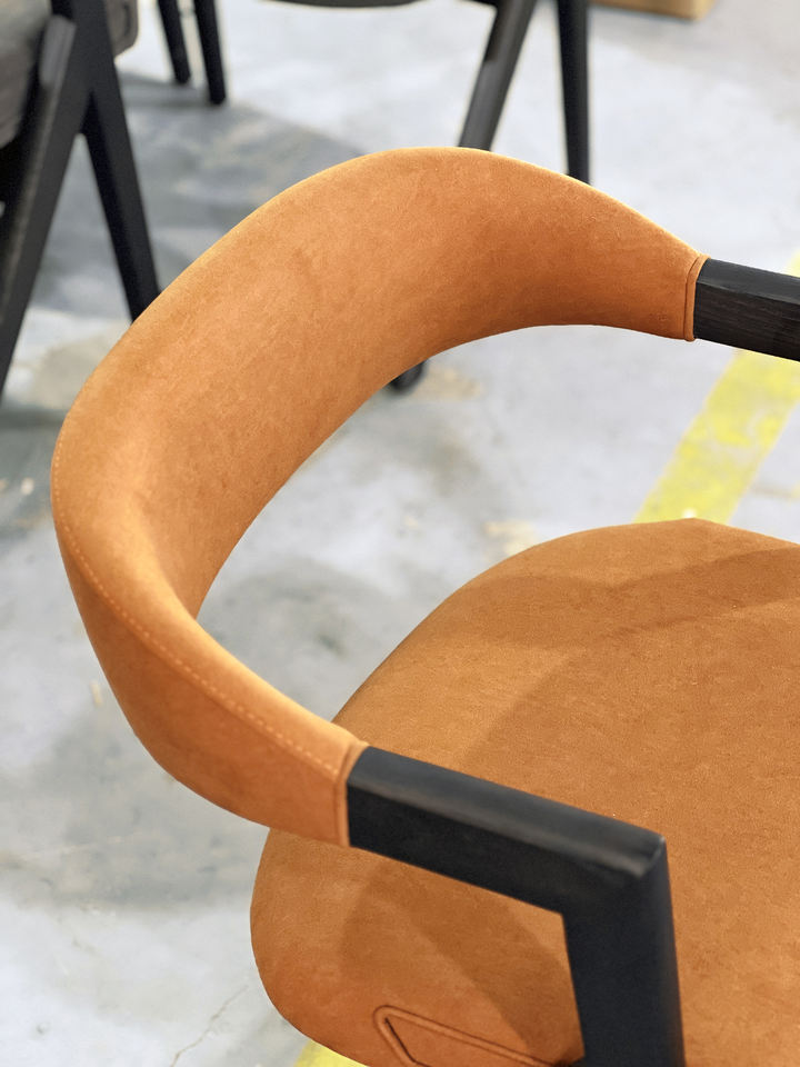 Contemporary Timber Armchair Dark Fabric Cushioned Durable Solid Timber ...