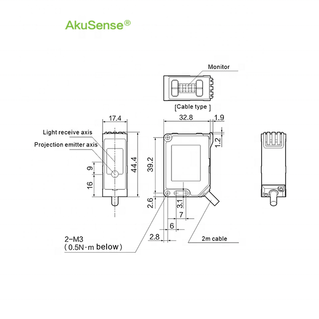 Akusense High Accuracy CMOS Digital Laser Displacement Distance Sensor 100mm-400mm Long ...