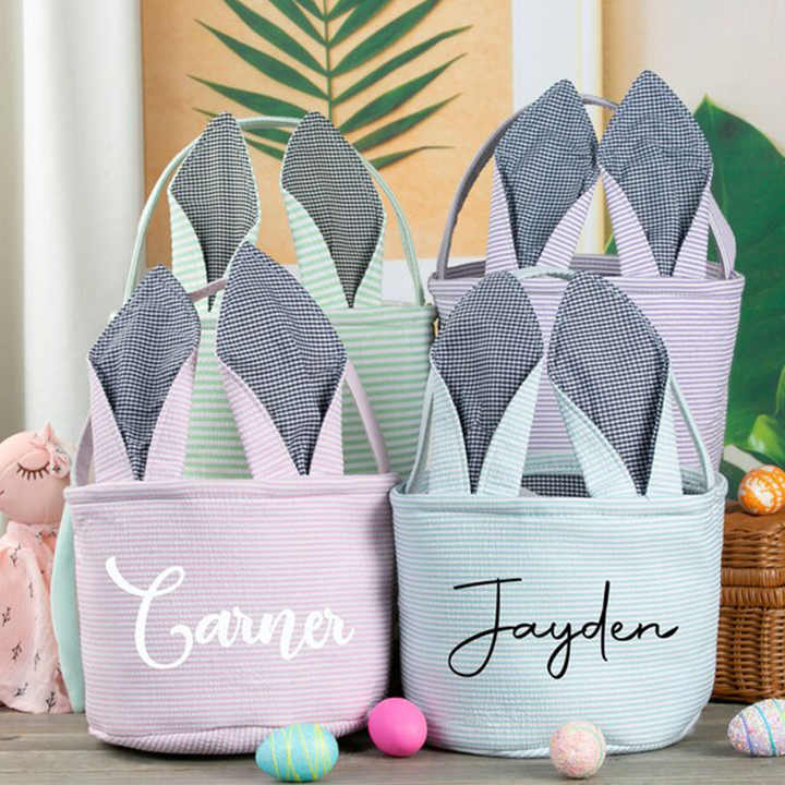 Easter Bunny Egg Hunt Basket Seersucker Easter Personalized Tote Bag ...