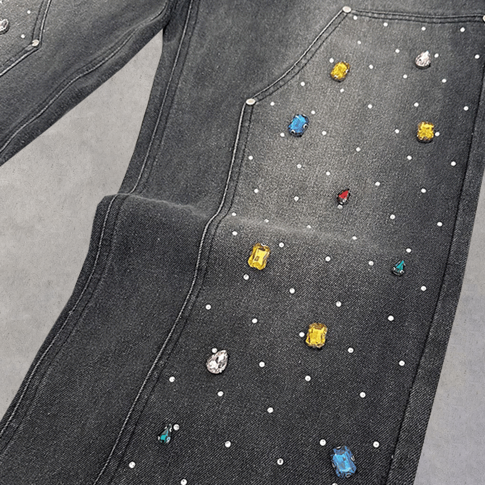 Custom Designer Retro Rhinestone Jeans Men Unisex Multi Pocket Mid ...
