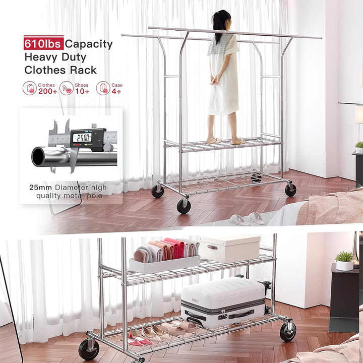Commercial Mobile Garment Rack with Double Rail, Steel Apparel Display ...