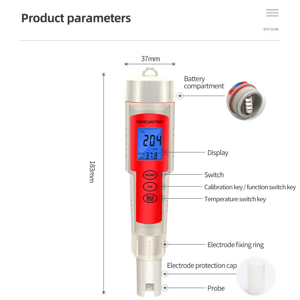 EZ9908/PETT Portable 4-in-1 pH TDS EC Temp & Water Quantity Meter ...