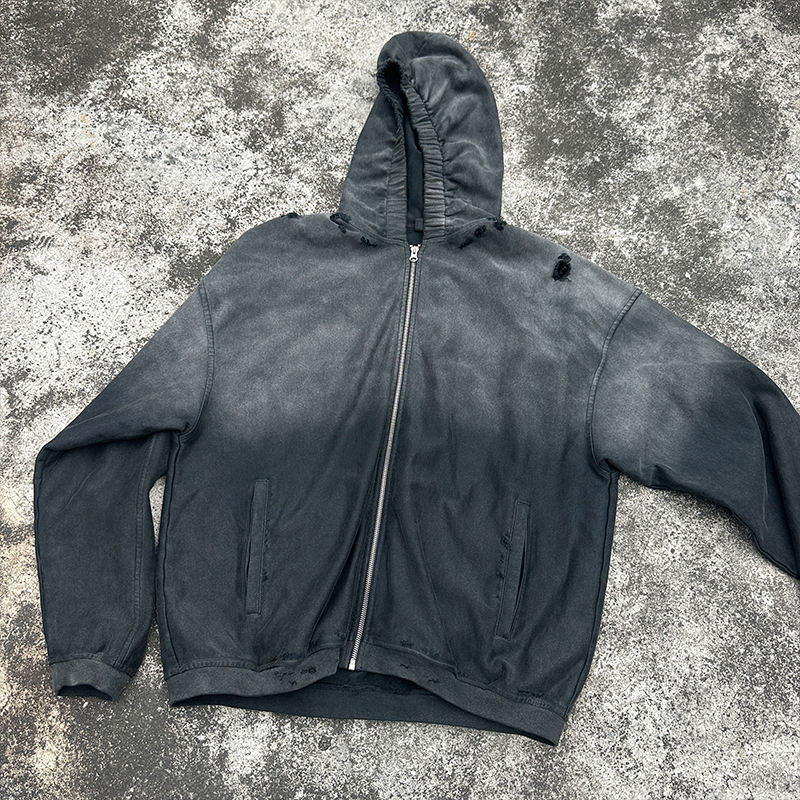 Custom Men Distressed Loose Streetwear Acid Wash Zip up Hoodie with ...