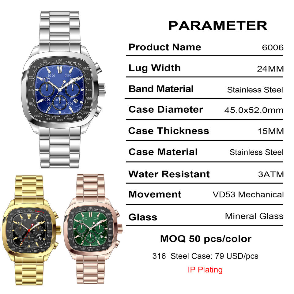 Custom Logo Square Chronograph Men Watch Silver Stainless Steel Band ...