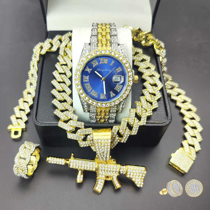 Iced Out Watches - Cuban Link Chain Bracelet Set for Men