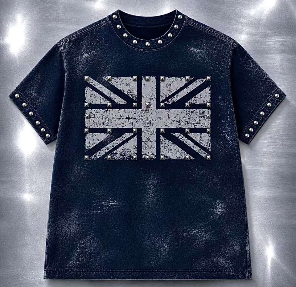 Punk Gothic Union Jack Print Studded T-Shirt Acid Washed Distressed ...