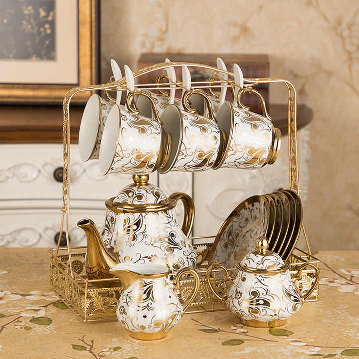 16 Piece European Retro Tea Set with Metal Holder Porcelain Cups