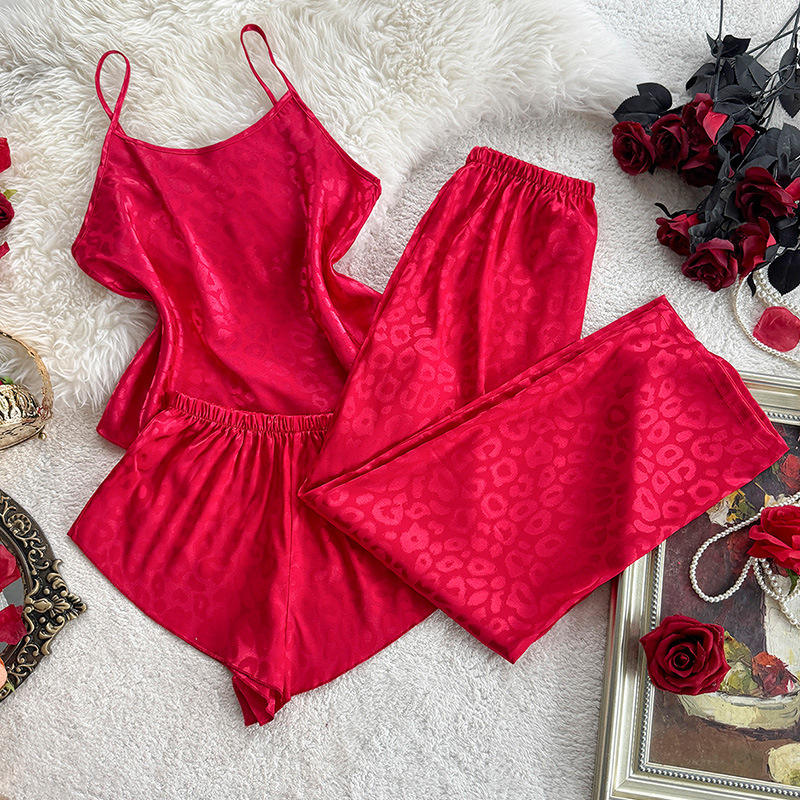 Chuangerm Spot 2026 Red Lace Leopard Print Pajama Set Women Sexy Sling ...