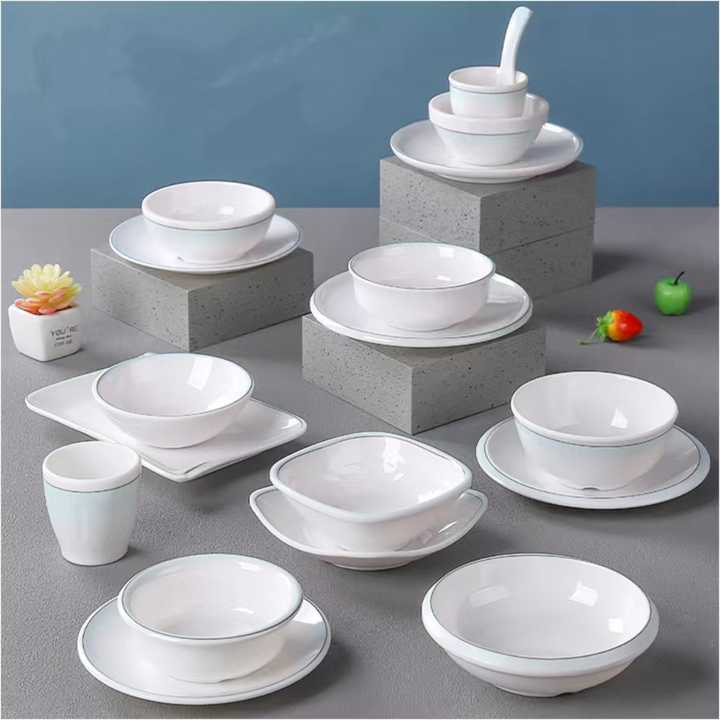 White melamine tableware set, hotel table set, four piece set, restaurant bowl, spoon, dish, cup ...