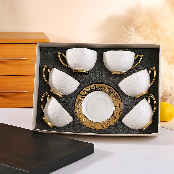 Luxury White Gold Tea Cups Set of 6 Turkish Embossed Coffee Cups Set 220ml Ceramic Tea Gift Set ...